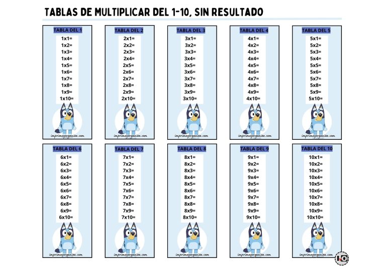 Tablas del 1 al 10 sin resultado para imprimir [GRATIS]
