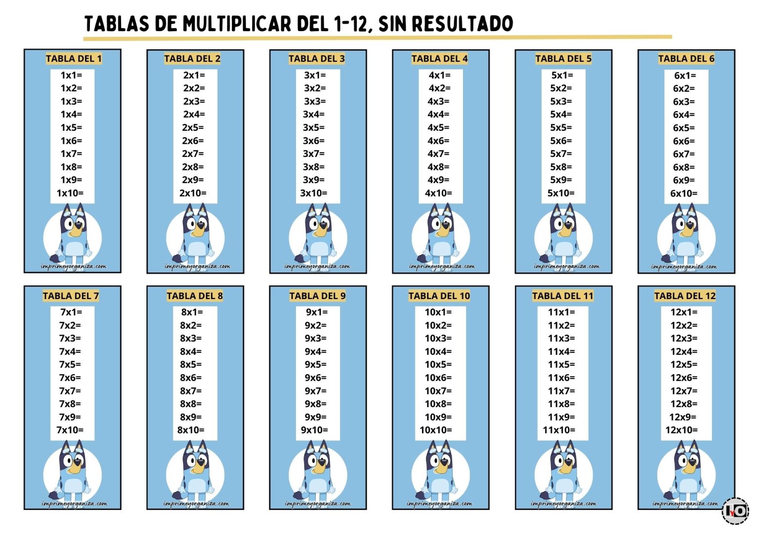Tablas del 1 al 12 sin resultado para imprimir [GRATIS]