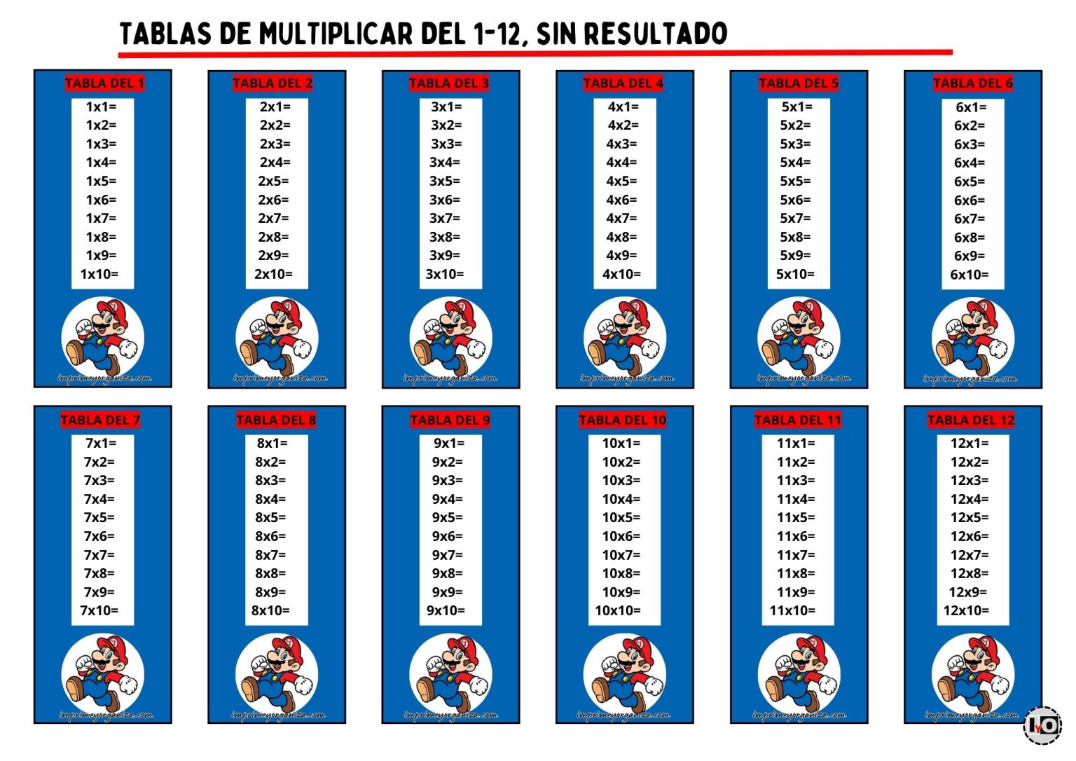 Tablas del 1 al 12 sin resultado para imprimir [GRATIS]