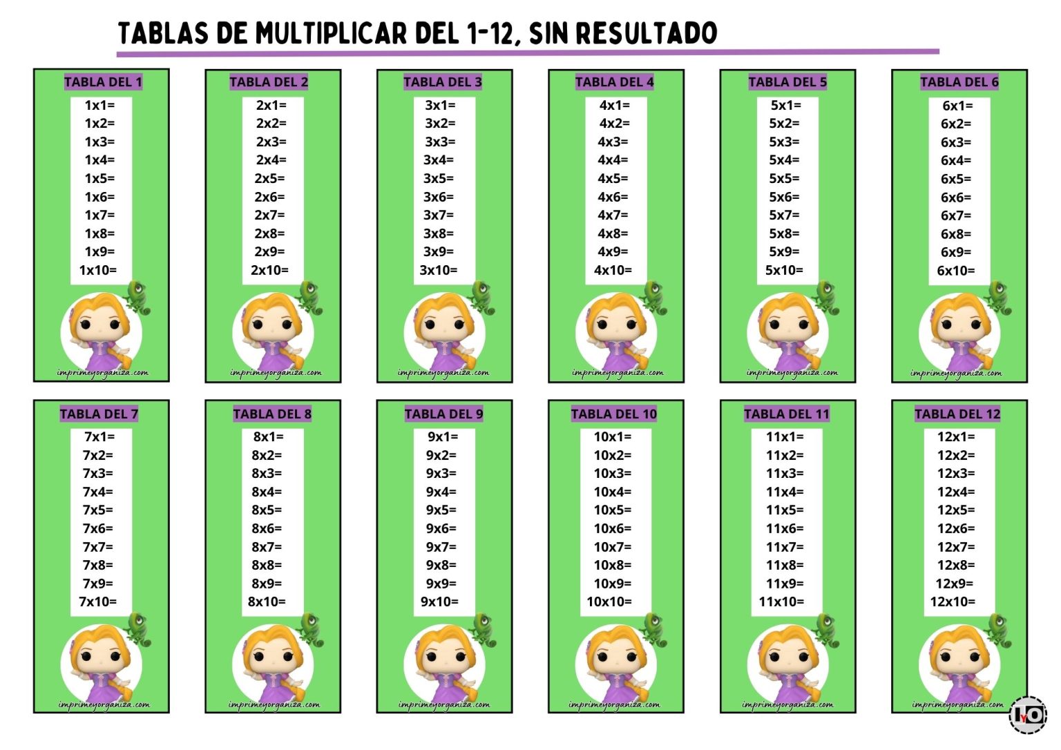 Tablas del 1 al 12 sin resultado para imprimir [GRATIS]