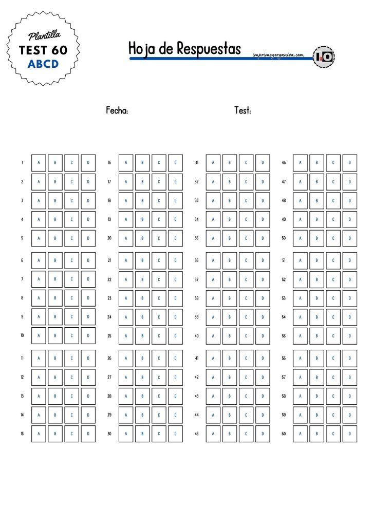 Hojas de respuestas test de 60 preguntas en PDF [GRATIS]