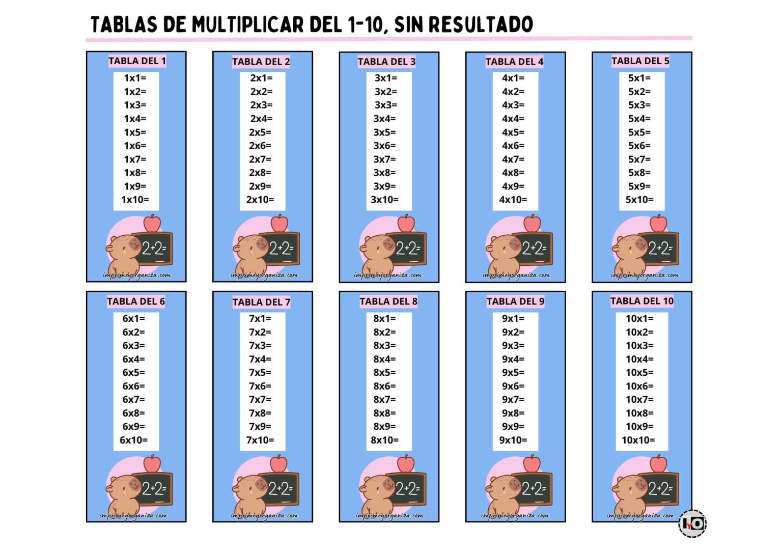 Tablas del 1 al 10 sin resultado para imprimir [GRATIS]