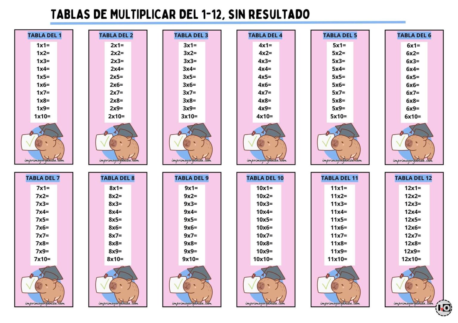 Tablas del 1 al 12 sin resultado para imprimir [GRATIS]