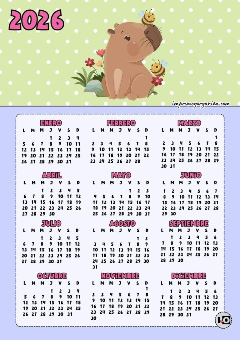 Calendarios Infantiles 2026 de Capibaras en PDF [GRATIS]