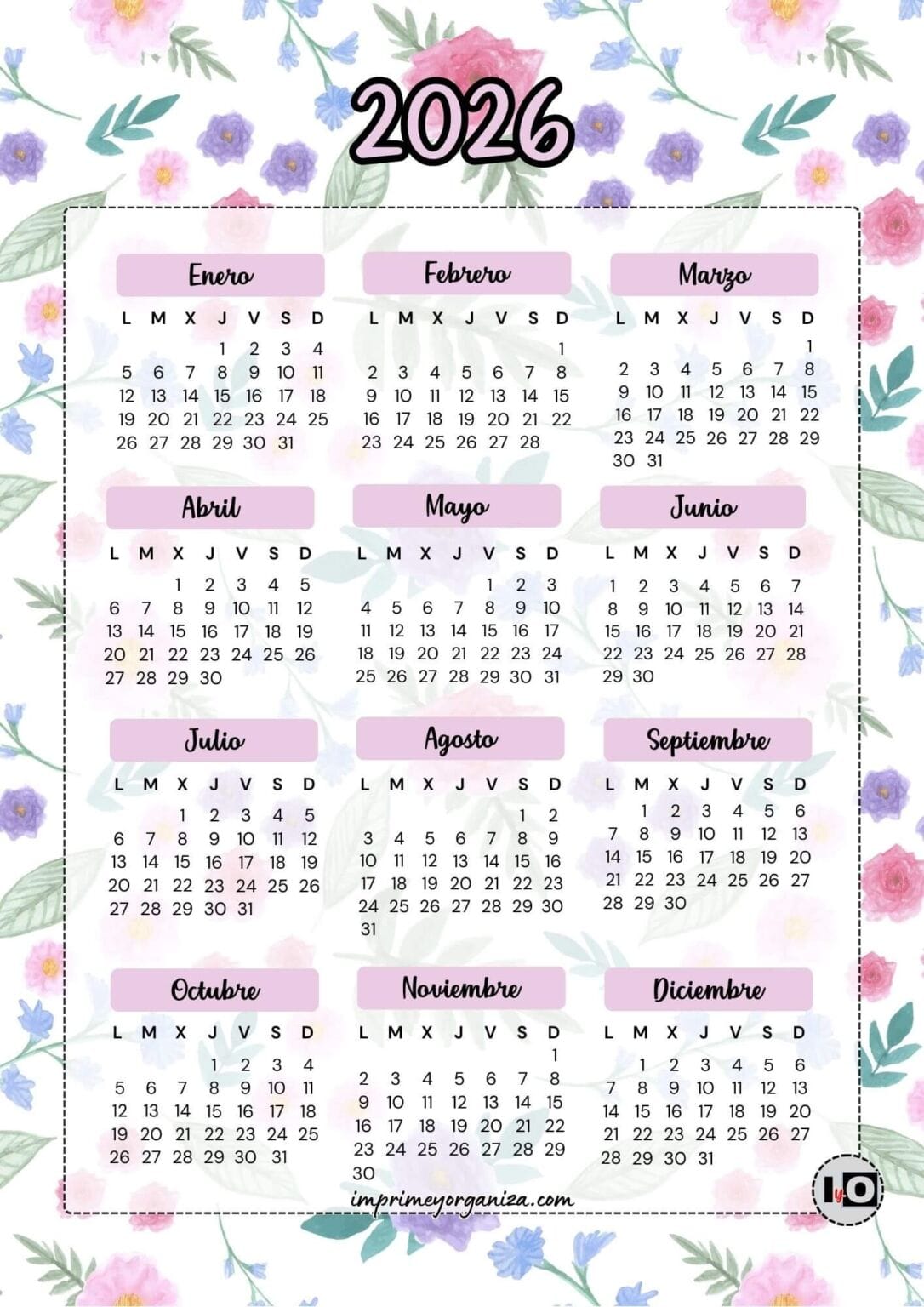 Calendarios Anuales 2026 Florales en PDF [GRATIS]
